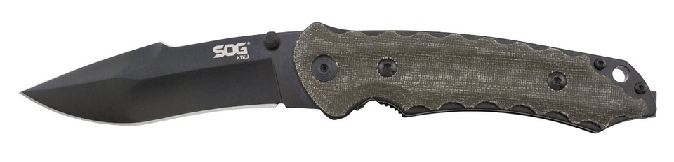 SOG KU-1002 Kiku Folder Knife Small Black TiNi Blade Linen Micarta New ...