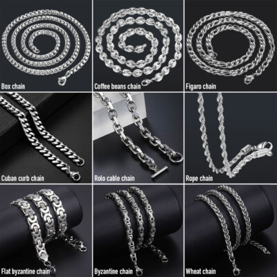 Silver Stainless Steel Link Chain Curb Byzantine Wheat Rope Box ...
