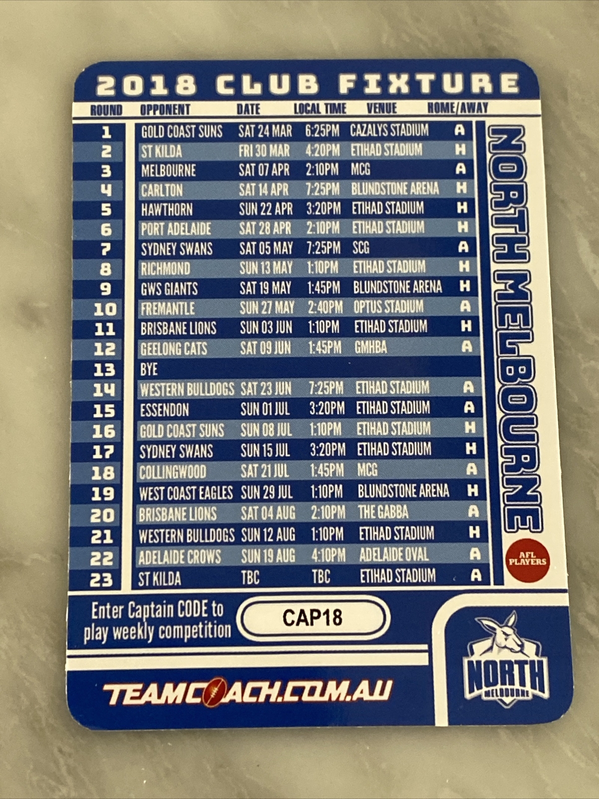 2018 Teamcoach Captain Card - #C-12 Jack Ziebell North Melbourne ...