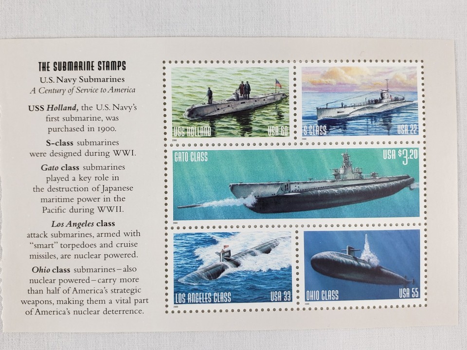 2000 U.S. Navy Submarine Stamps Pane of 5 + 2 Extra Gato Class ...