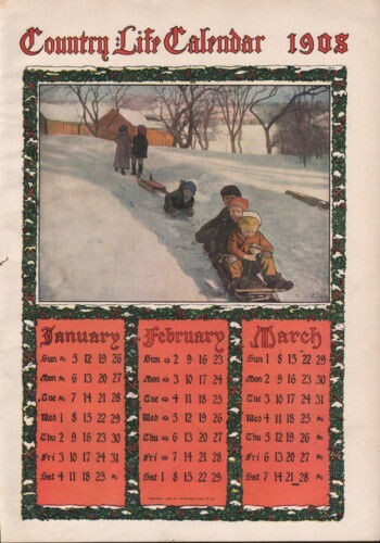 1908 COUNTRY LIFE CALENDAR SLEDDING WINTER SPORT SNOW ILLUSTRATED PRINT ...