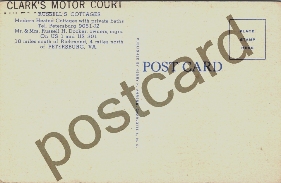 CLARK'S MOTOR COURT, Petersburg VA, Mr & Mrs Russell H. Docker ...