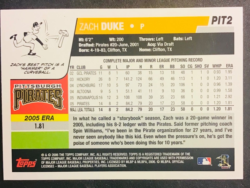 Pittsburgh Pirates ZACH DUKE signed auto autographed 2006 TOPPS ...