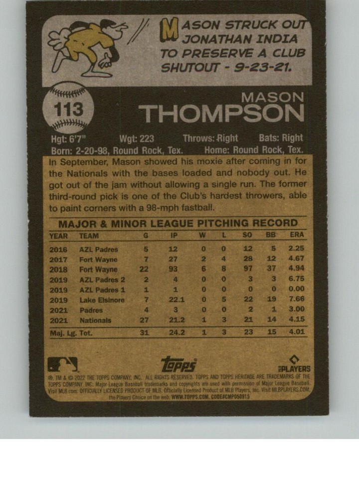2022 Topps Heritage Mason Thompson 113 Rookie RC Washington Nationals ...