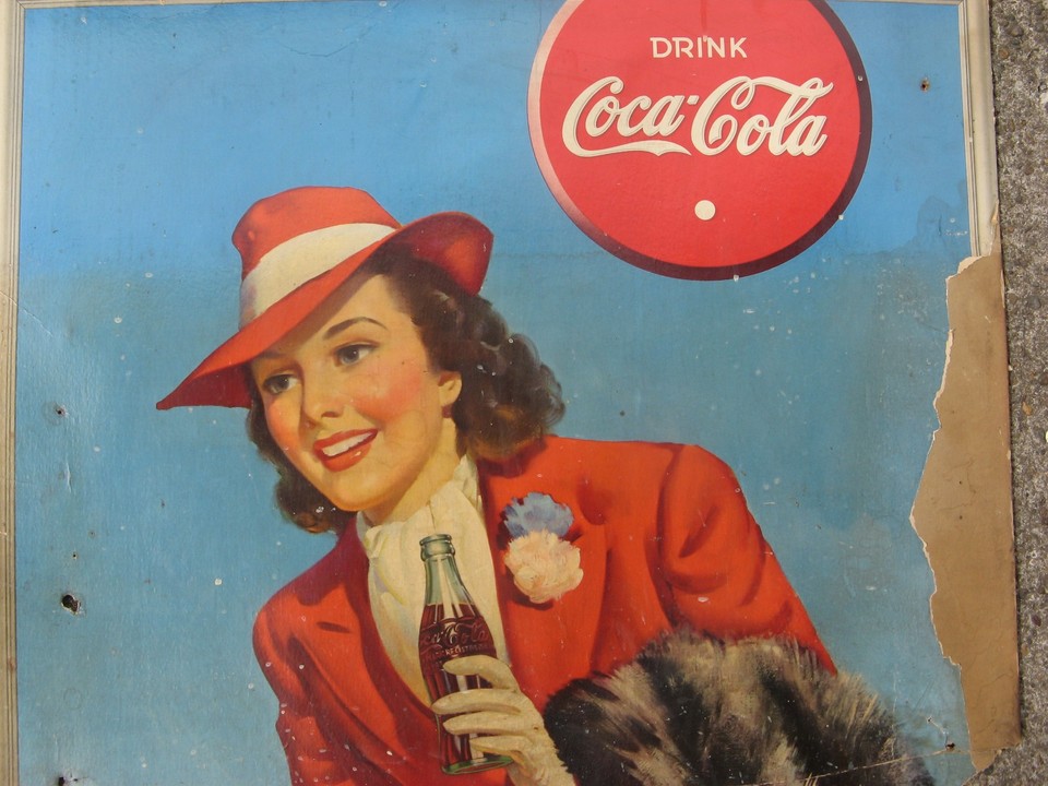 1940 COCA COLA STORE SIGN/POSTER Cardboard 'Stadium Girl' -BADLY WORN ...