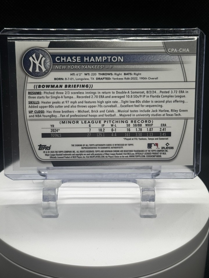 2025 Bowman Chrome Chase Hampton 1st Base Auto New York Yankees #CPA ...
