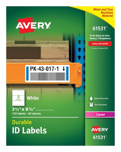 Avery Durable White Cover-Up ID Labels for Laser Printers 3.25x8.375 ...