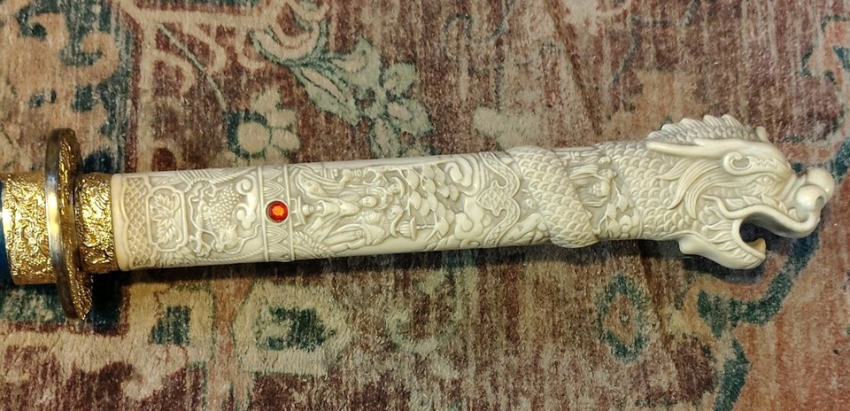 Dragon Motif Carved Ivory Handle Steel Blade Sword with Blue Scabbard ...