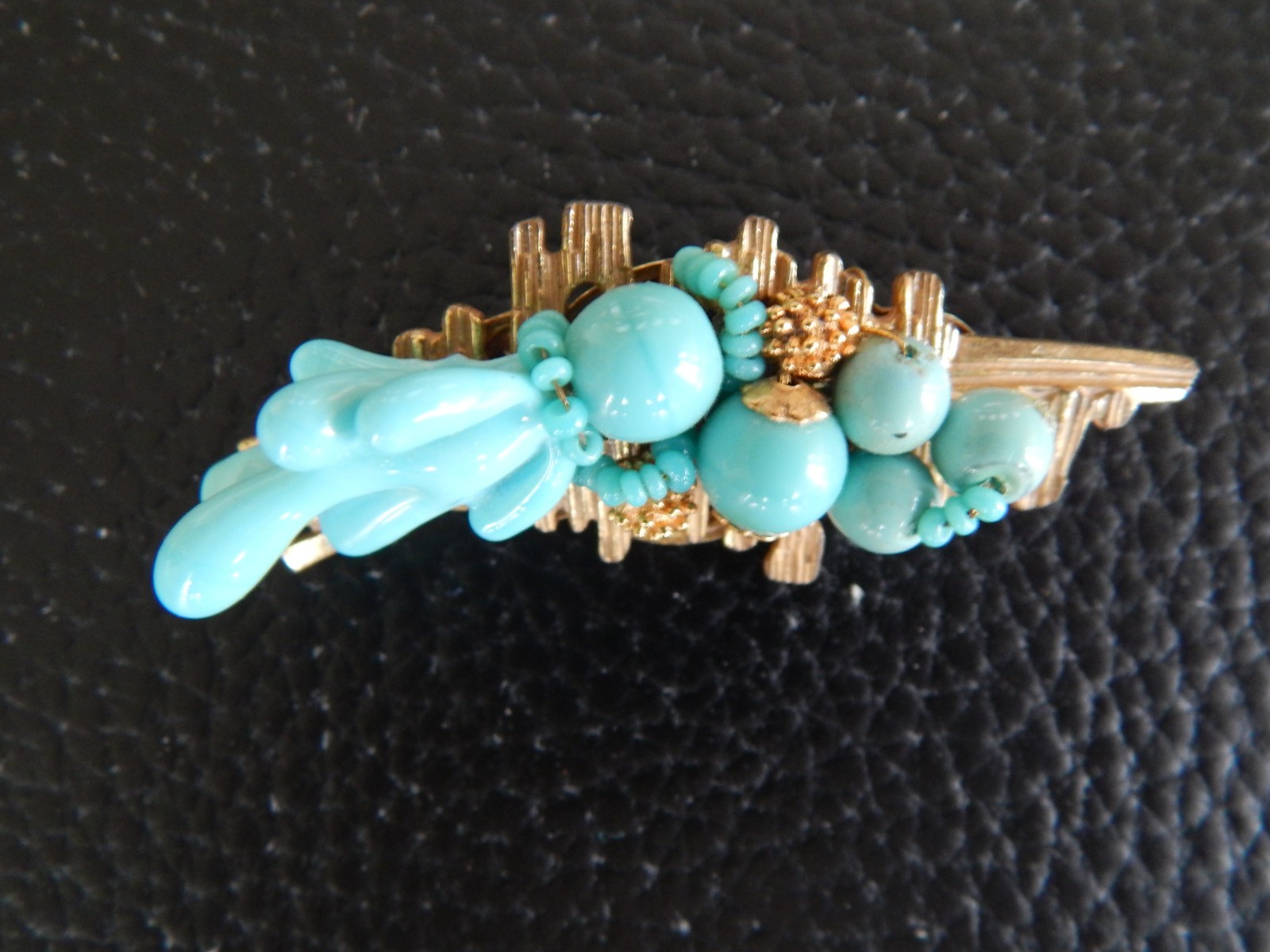 Vintage Miriam Haskell Turquoise Art Glass Brooch Sig… - Gem