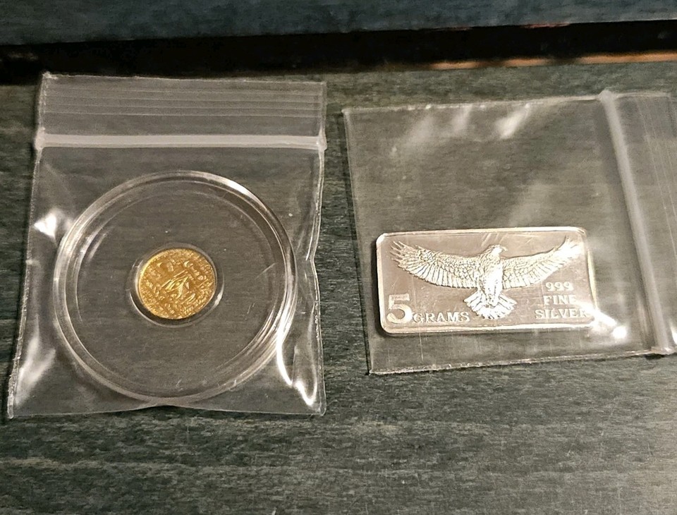 Egyptian .9999 1/200 Gold Coin & 5g .999 Flying Eagle Silver Bar Round ...