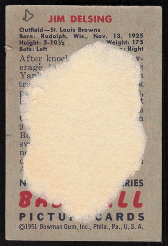 1951 Bowman #279 Jim Delsing Rookie St. Louis Browns Poor 45996 | eBay