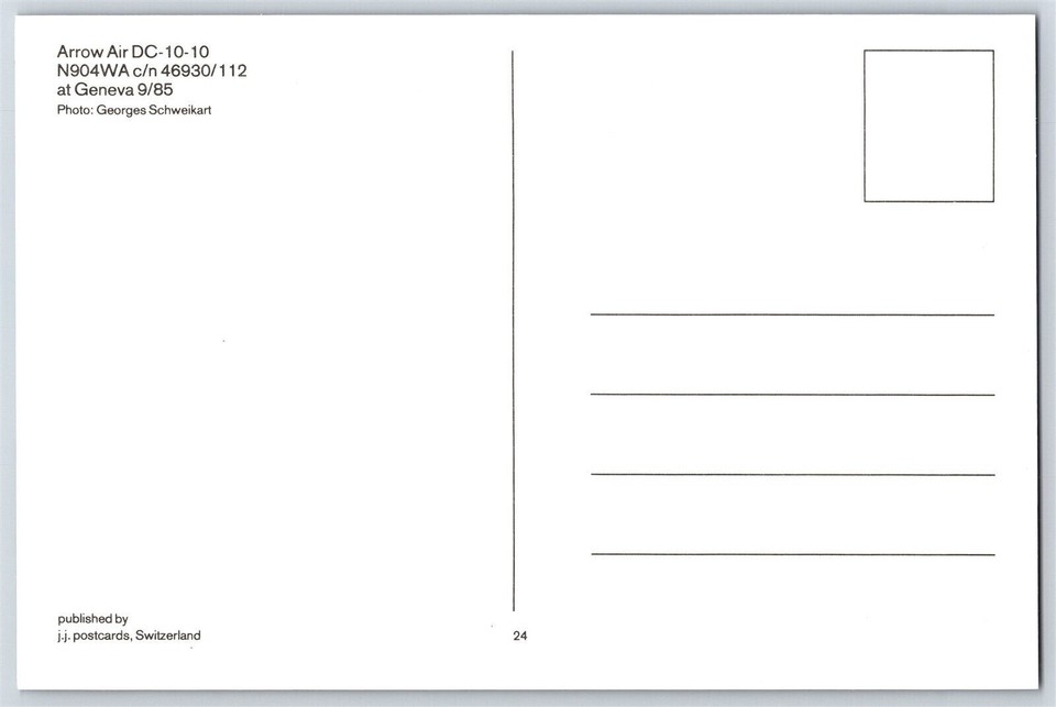 Airplane Postcard Arrow Air Airlines Douglas DC-10-10 N904WA at Geneva ...