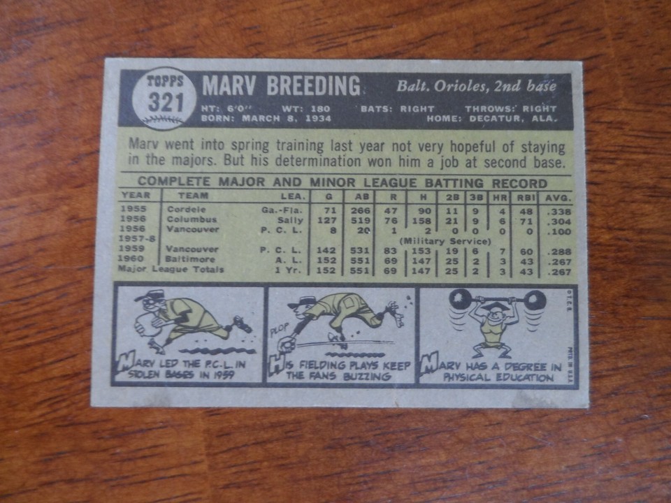 1961 TOPPS BASEBALL #321 MARV BREEDING BALTIMORE ORIOLES EX-MT 0-1084 ...