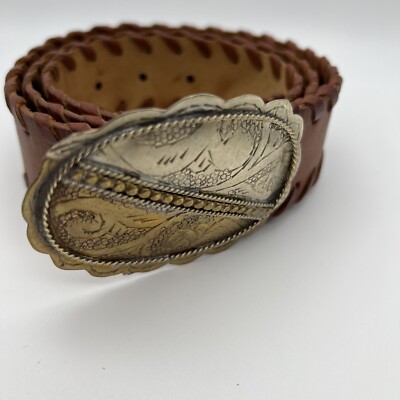 Soussan Design Brown Leather Engraved Brass And Silver Tone Buckle Belt ...