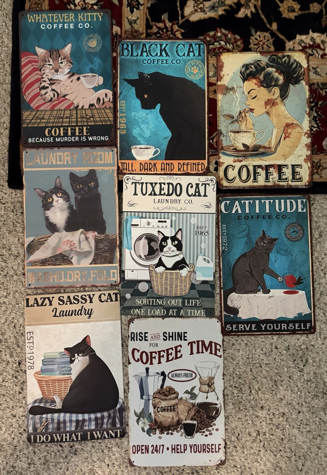 Metal Cats & Coffee Decorative Hanging Wall Signs Lot, Multicolor ...