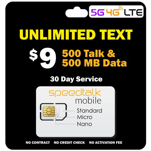 Speedtalk Unlimited Text SIM Card Kit Preloaded 500 Mins 500MB 5G 4G ...