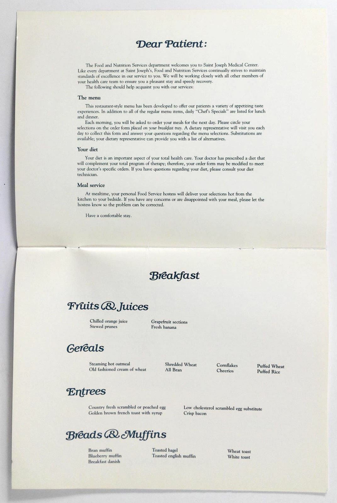 Vintage Hospital Patient Menu SAINT JOSEPH MEDICAL CENTER Burbank CA ...