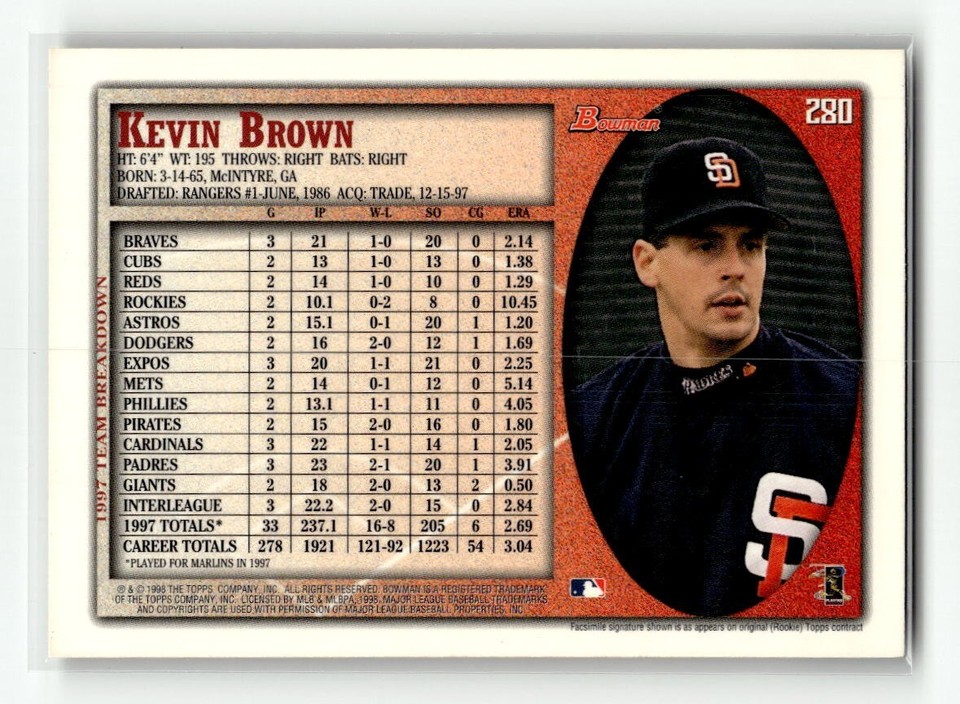 1998 Bowman Kevin Brown . San Diego Padres #280 BASEBALL | eBay