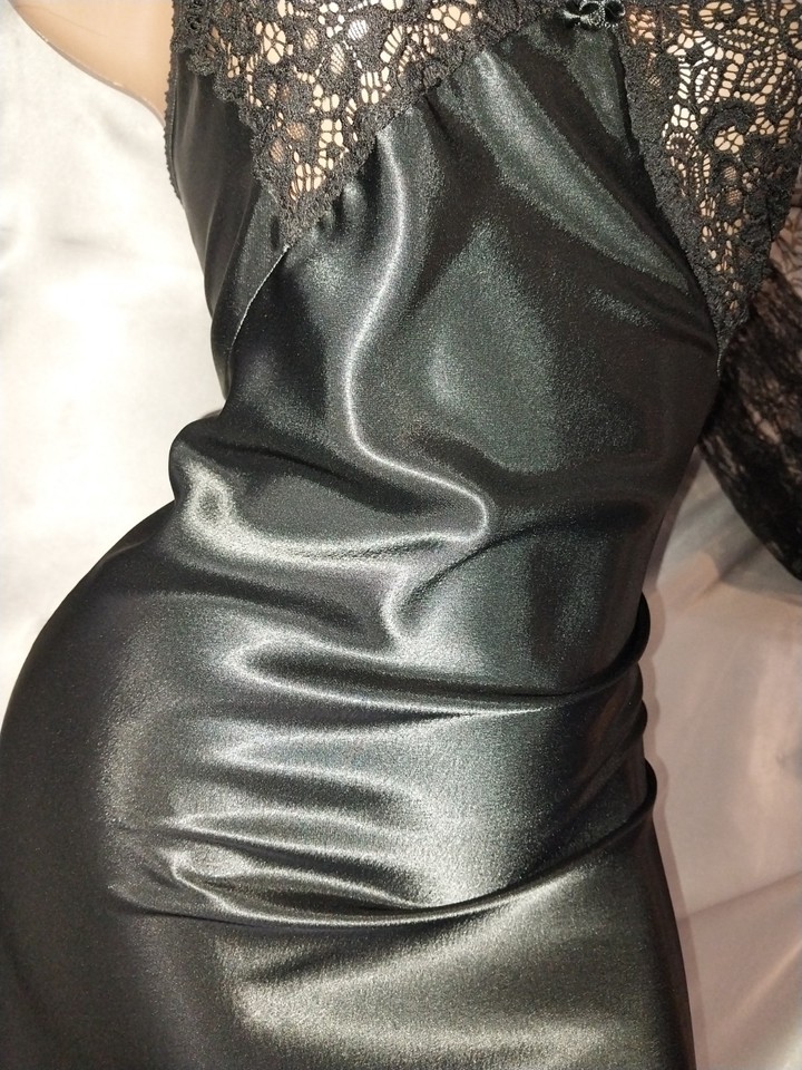 VTG FARR WEST DRESS SLIP FULL EMBRD BODICE BLACK SATIN LIQUID SHINY ...