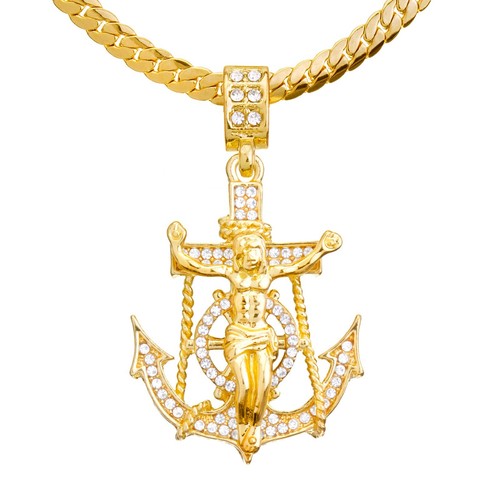 Mens Gold Plated Iced Anchor Jesus Cross Pendant 20" Miami Cuban Chain ...