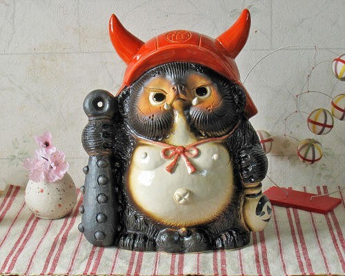 Japanese Shigaraki Yaki Tanuki pottery Raccoon Dog red helmet Demon ...