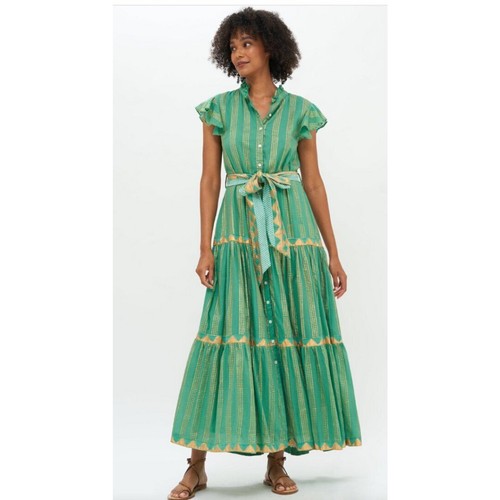 OLIPHANT L Large Pixie Green Gold Ruffle Collar Maxi Dress Belted Short ...