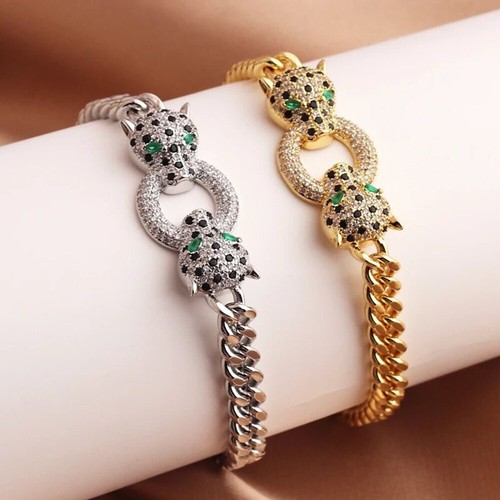 Crystal Double Leopard Head Charm Bracelet 18K Gold Plated Bracelets ...