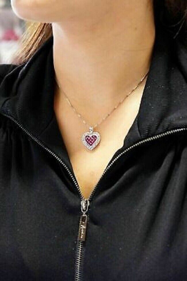 2Ct Princess Cut Simulated Ruby & Diamond Pendant Chain in 14K White ...