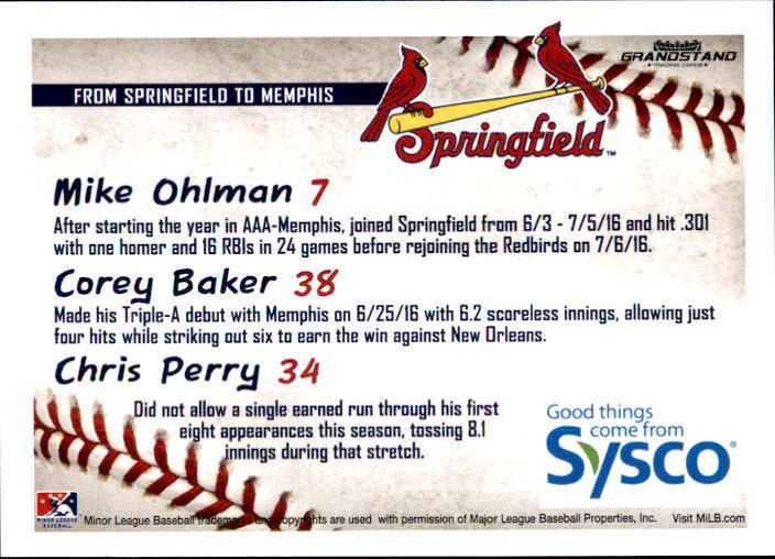 2016 Springfield Cardinals SGA Sysco 38 Mike Ohlman Corey Baker Chris ...