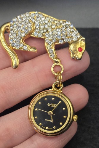Vtg QUINTEL Dangle Watch BROOCH Rhinestone PANTHER Gold Tone Needs ...