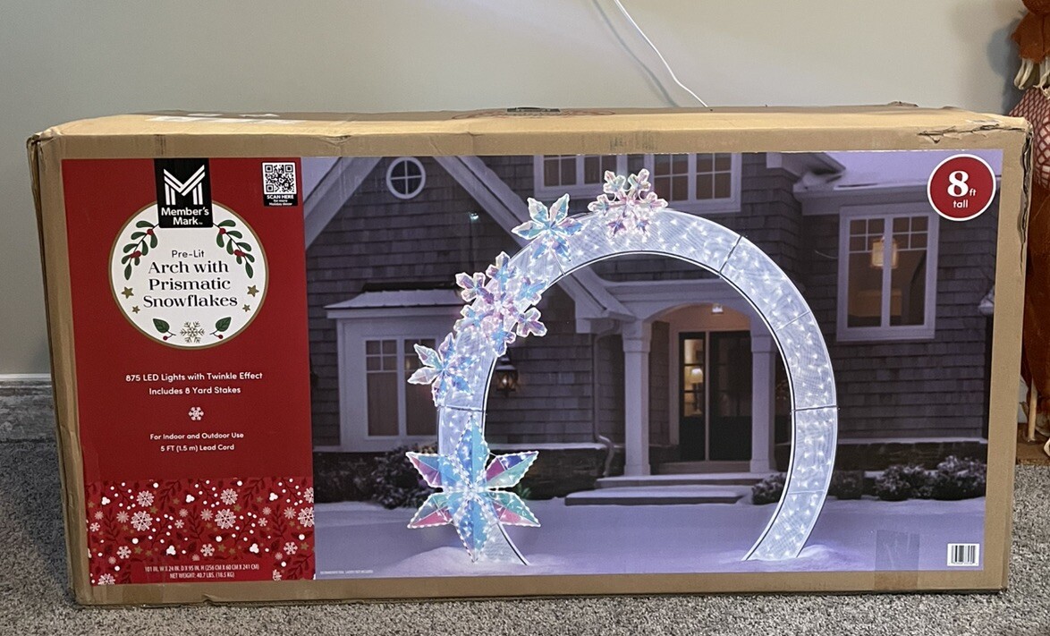 NIB Member's Mark 8' 875 LED Pre-Lit Arch with 5 Prismatic Snowflakes ...