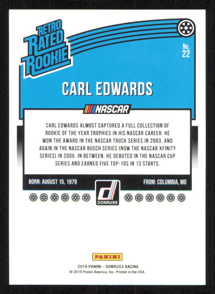 2019 Donruss CARL EDWARDS Racing card #22 NASCAR RETRO RATED ROOKIE | eBay