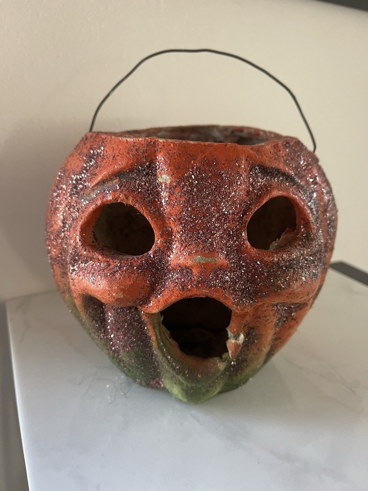 1930's Pulp Paper Mache Choir Boy Face Pumpkin Orange Green Lantern ...