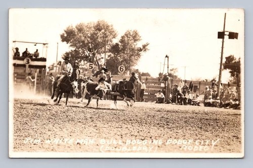 "Jim White Man Bulldogging" Dodge City Rodeo RPPC Doubleday Photo ...