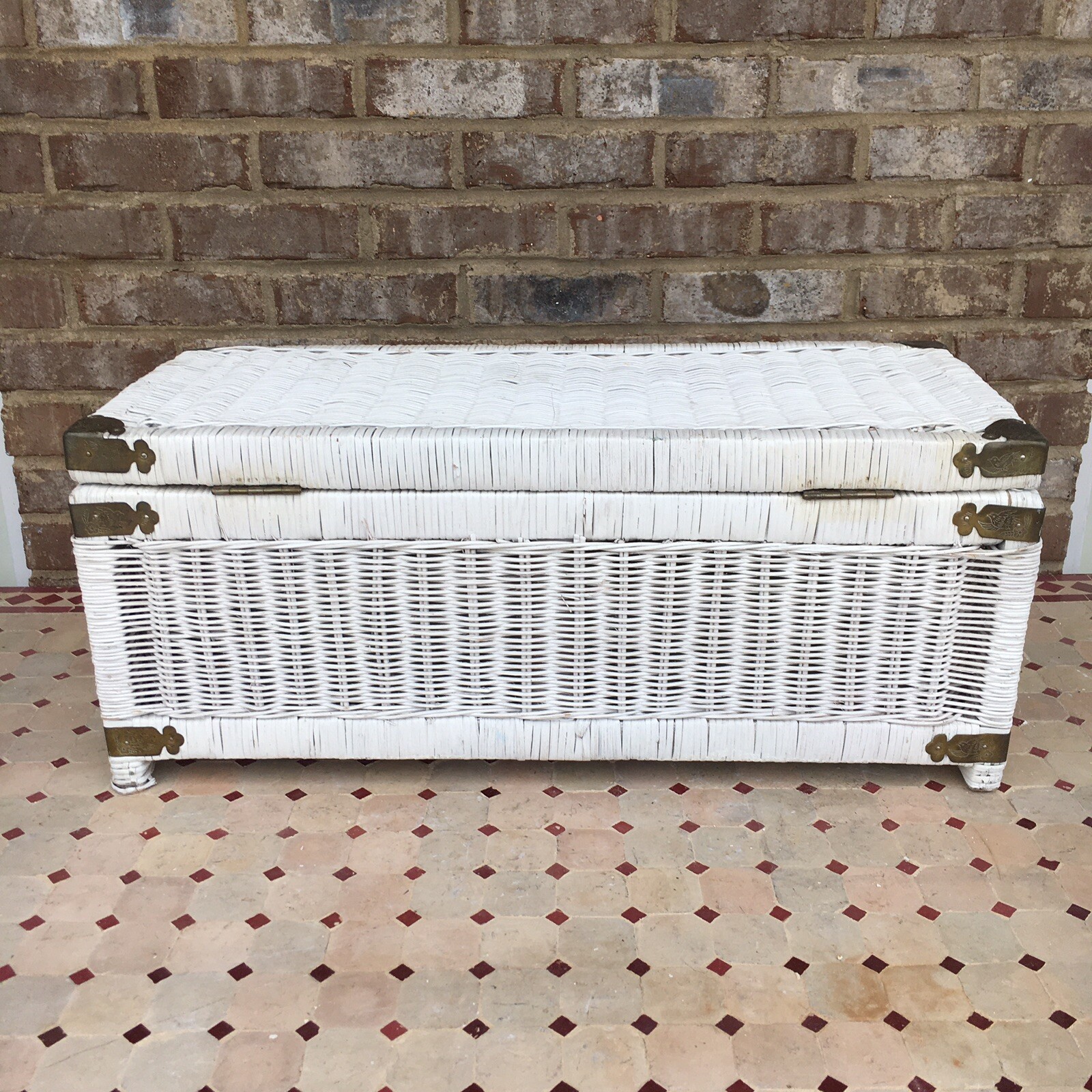 White Rattan Wicker Chest W/ Etched Brass Accents Box Boho Vintage ...