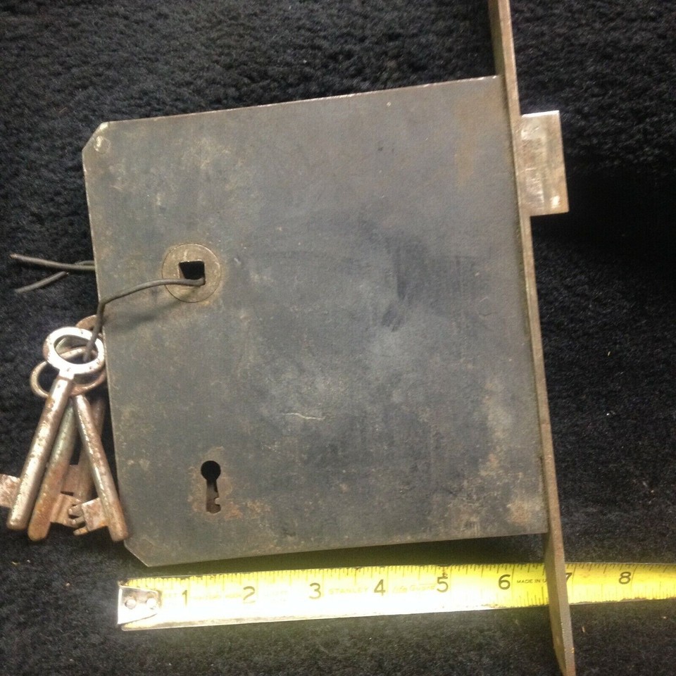 vintage large entry steel door mortise face plate lock, w. 4 skeleton ...