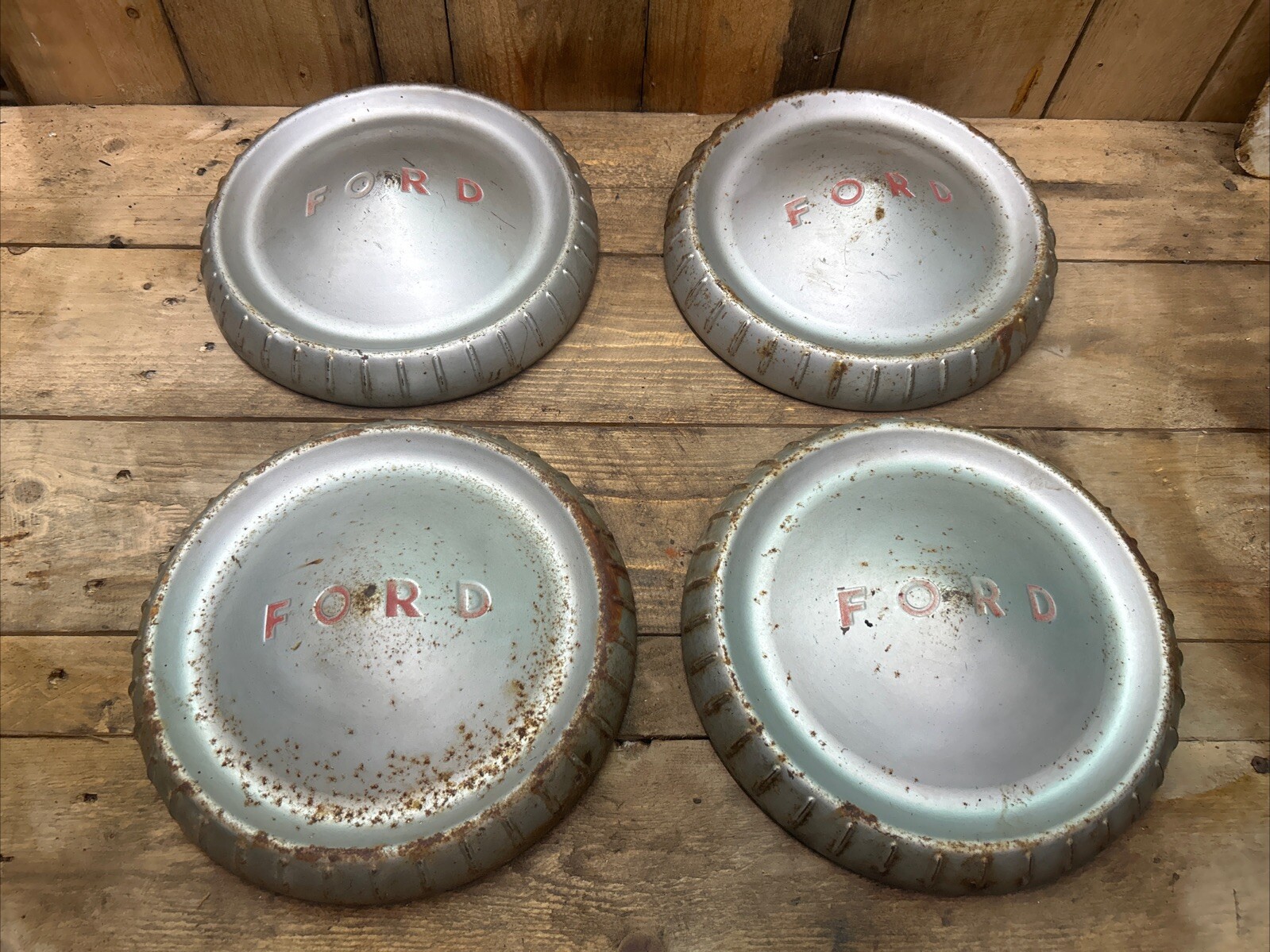 Vintage 1950s 1960s Ford Silver W/ Red Stamped Script Hubcap Set of 4 ...