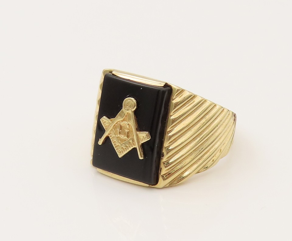 14K GOLD Vintage Black Stone Freemason Masonic Symbol Band Ring Sz 12 ...