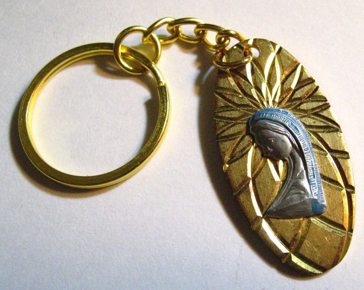 Virgin Mary Keychain - Vintage Holy Mother Madonna Blue Gold Oval Medal ...