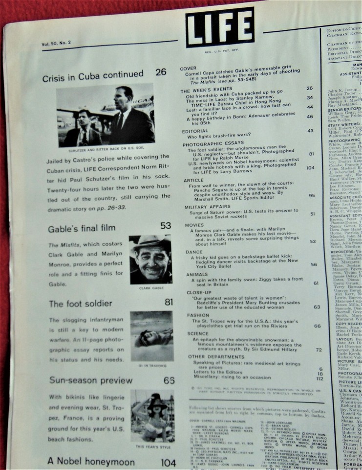 JANUARY 1961 ~ RARE "LIFE" MAGAZINE ~ ON COVER: CLARK GABLE'S LAST FILM ...