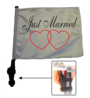 JUST MARRIED Flag w/SSP Flags EZ On EXTENDED STRAPS Bracket for Wide ...