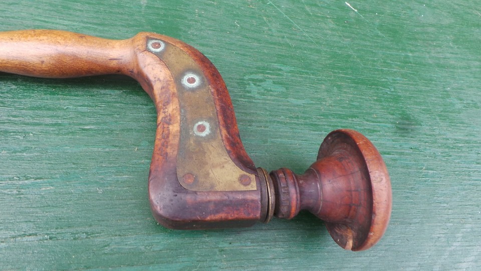 ANTIQUE Wood Brass Bit Brace with Brass Trim Woodworking Tool Drill ...