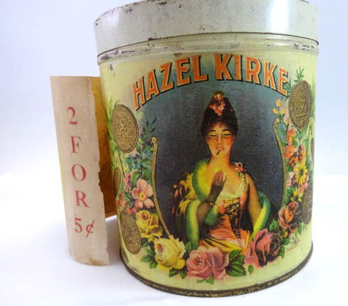 OLD HAZEL KIRKE LITHO 50 CIGAR HUMIDOR TOBACCO TIN GREAT RED MEN PAPER ...