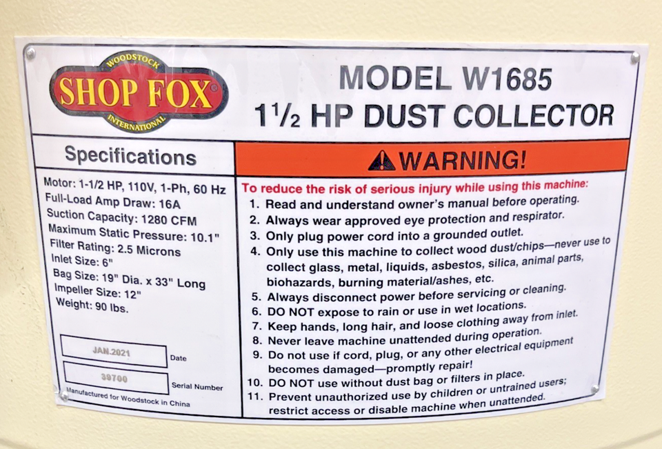 Shop Fox W1685 1.5 HP Dust Collector – 1,280 CFM – 110V | eBay