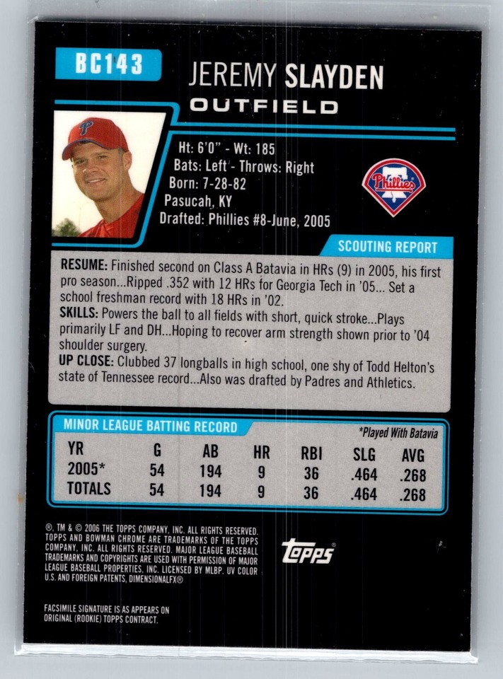 2006 Bowman Chrome #BC143 Jeremy Slayden Prospects | eBay
