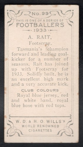 1933 VFL AFL W.D. & H.O WILLS CIGARETTE CARD - 99 A Alan RAIT ...