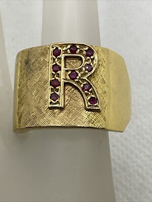 Solid 18K Yellow Gold Ruby Accents INITIAL LETTER “R” MEN’S SIGNET Ring ...