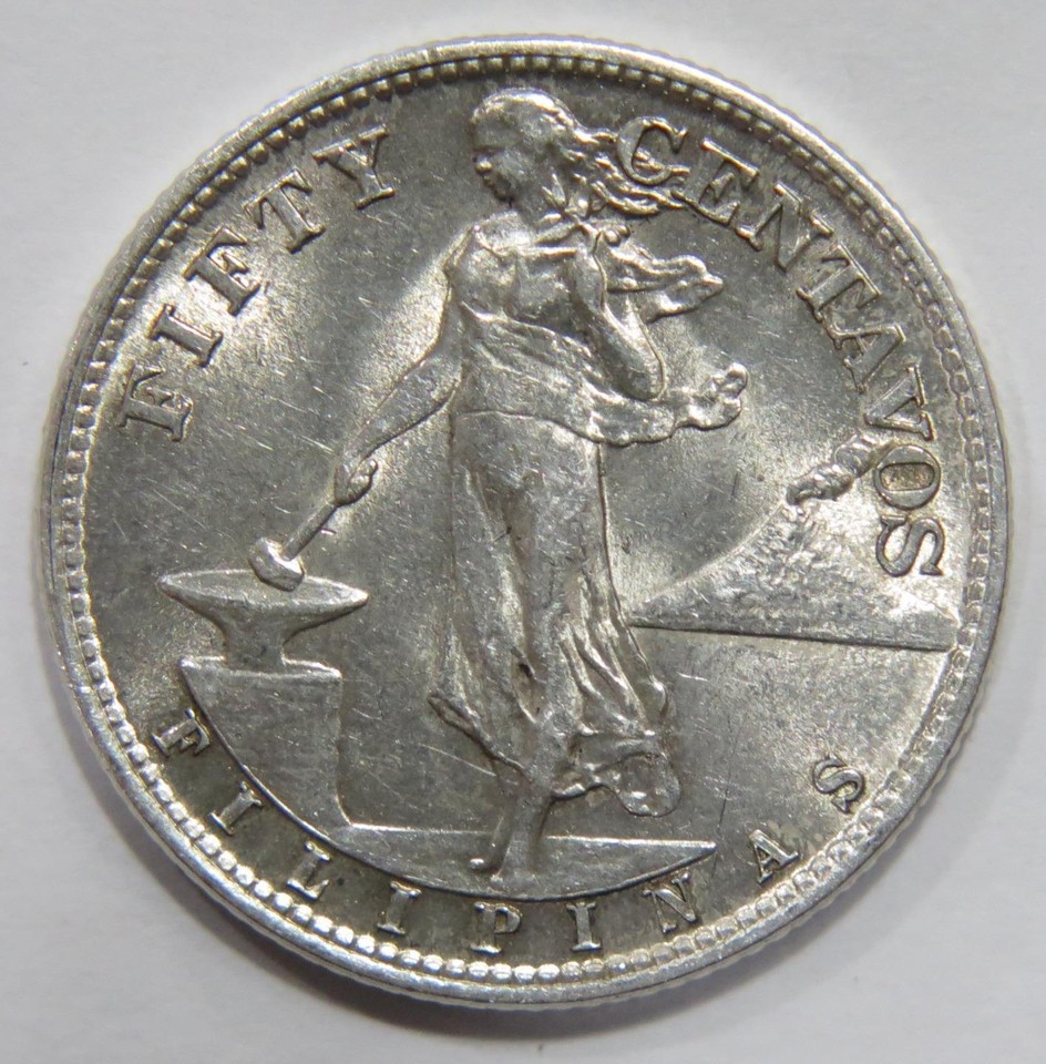 PHILIPPINES 50 CENTAVOS 1945 S EAGLE SHIELD STANDING LIBERTY SILVER ...
