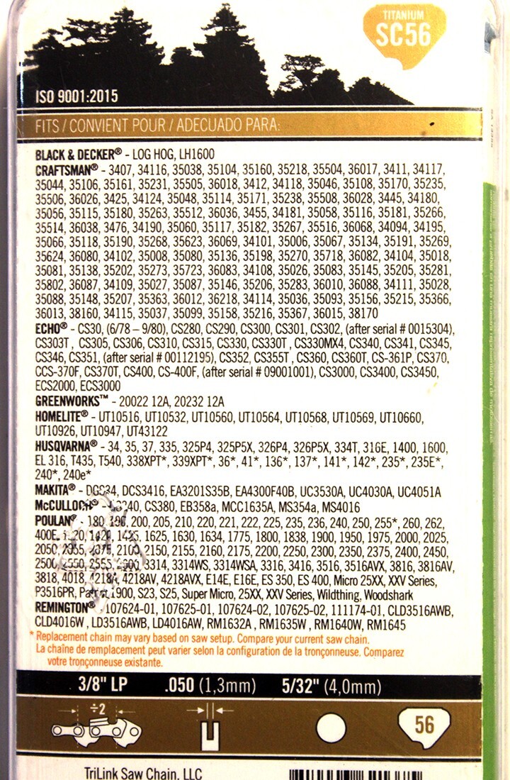 TriLink SC56 Titanium 16" Full Chisel Saw Chain; 56 Drive Links ...