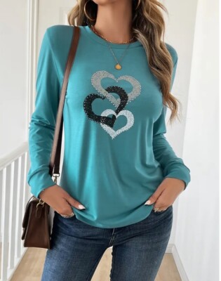 Ladies size 20 turquoise hearts print jumper, long sleeve round neck ...